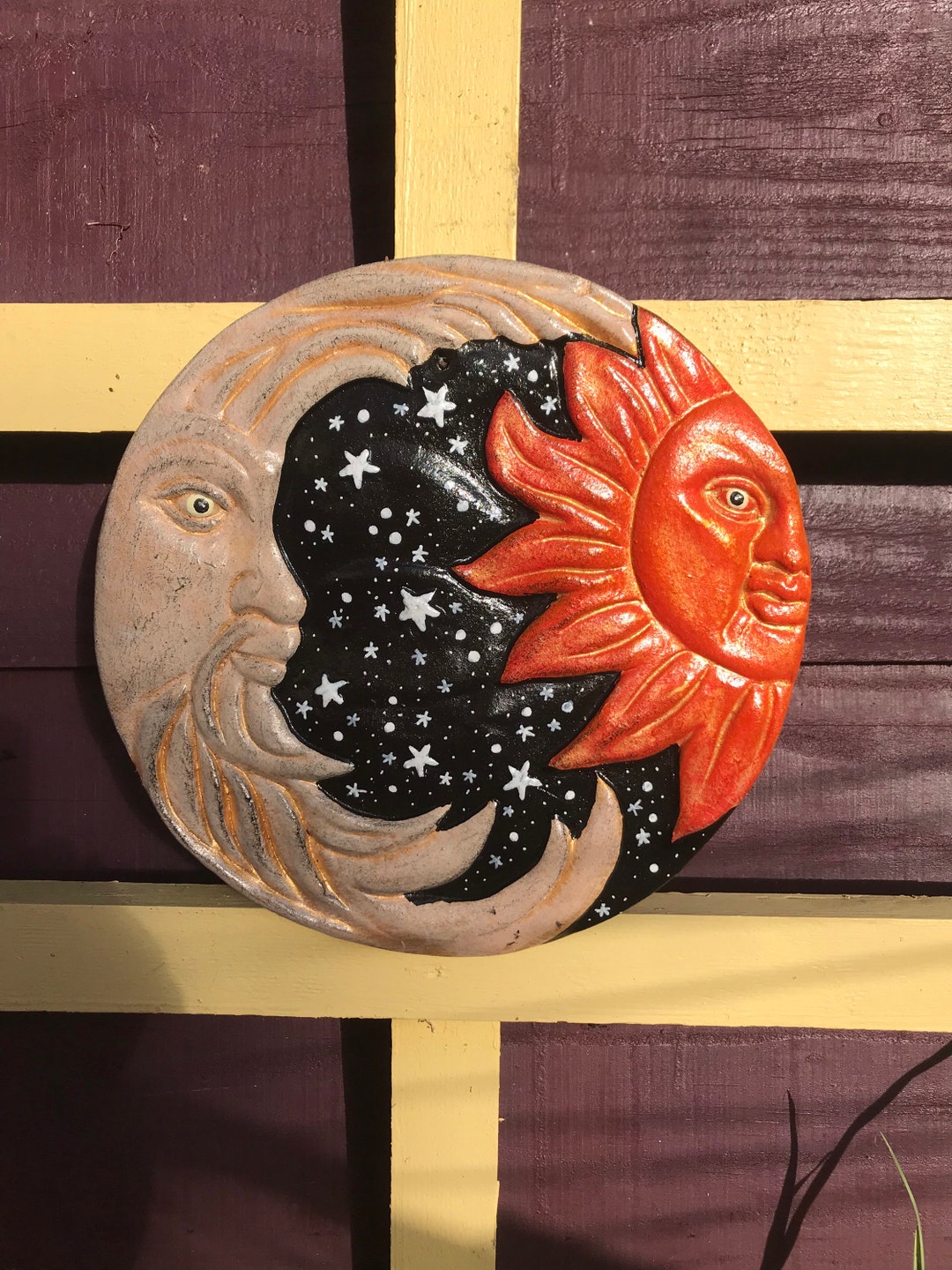 Bespoke Handmade Concrete Hand Painted Moon Sun and Stars Plaque Garden ...