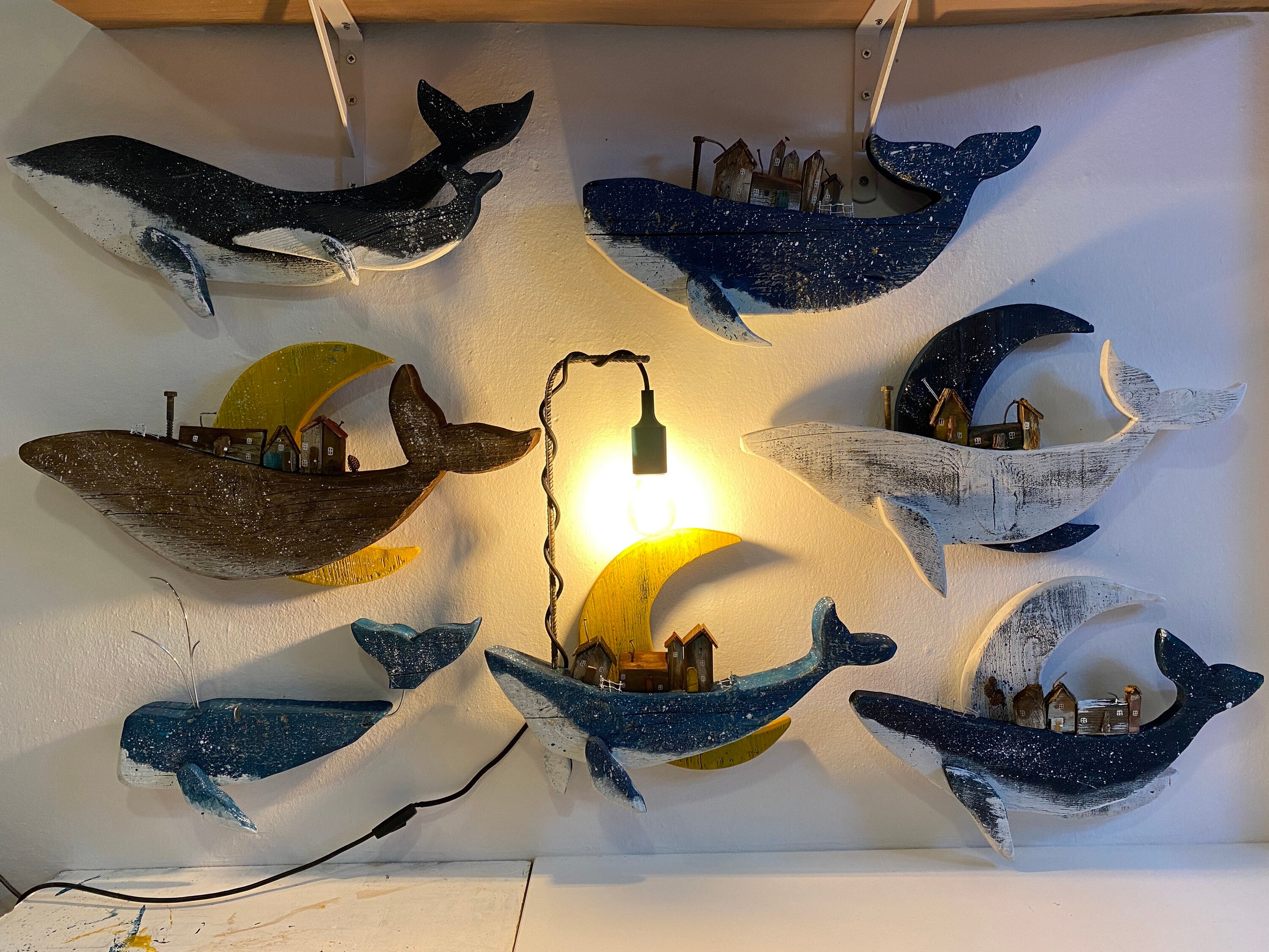 Big Blue Wooden Whale Wall Decoration,whale Wall Art, Driftwood Whale ...