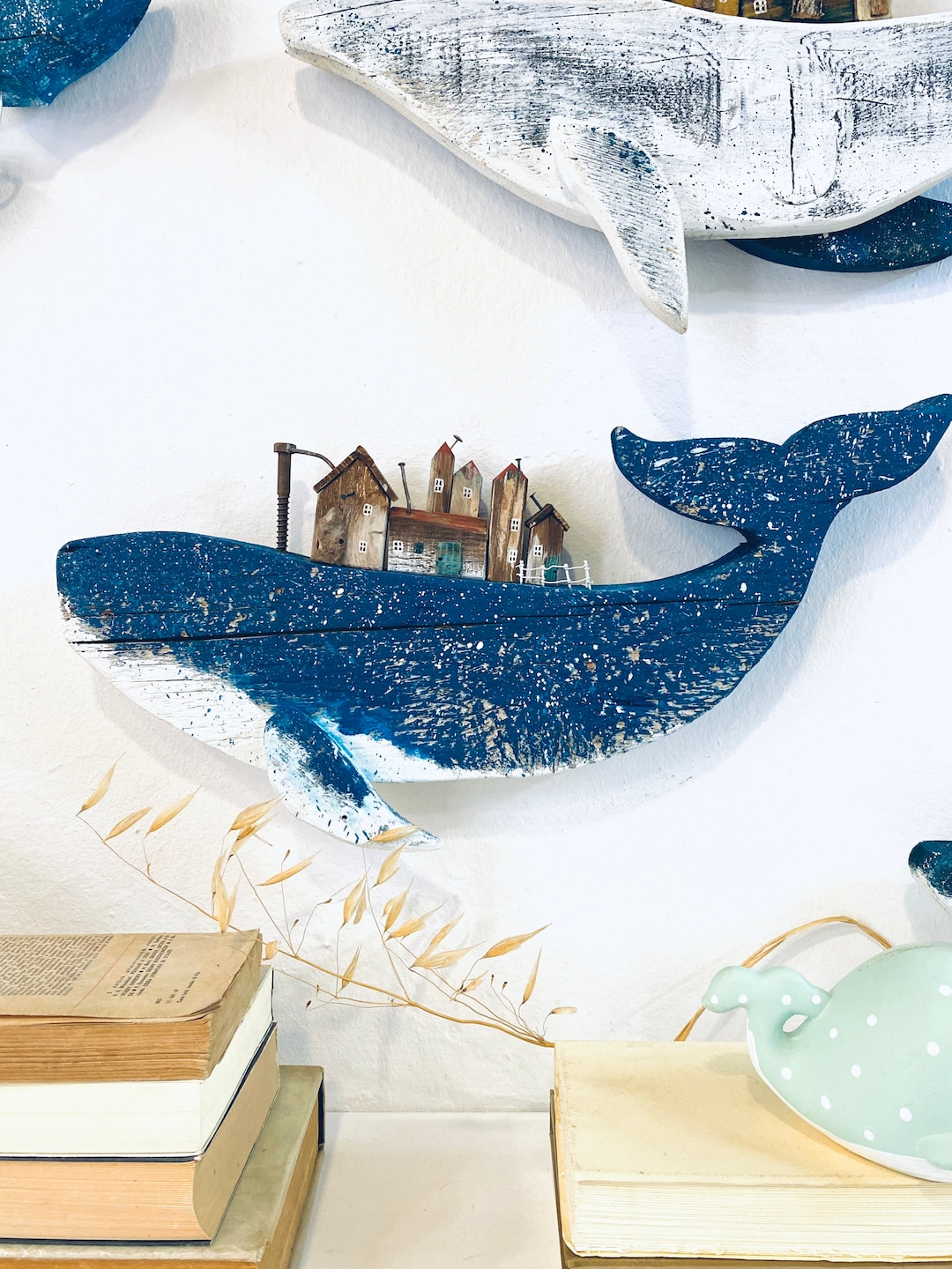Big Blue Wooden Whale Wall Decoration,whale Wall Art, Driftwood Whale ...