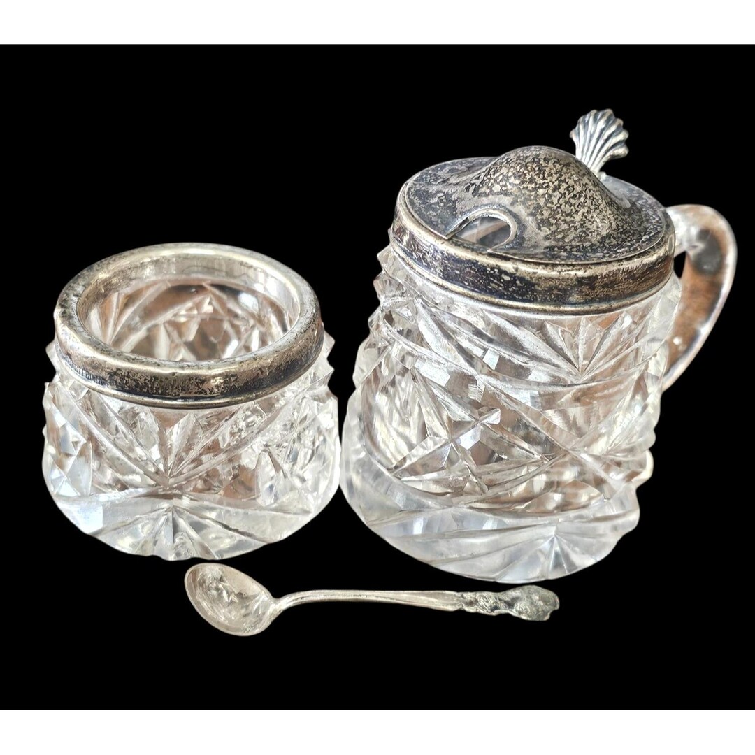 Antique Cut Crystal Condiment Set Sterling Mustard Pot Salt Cellar Set ...