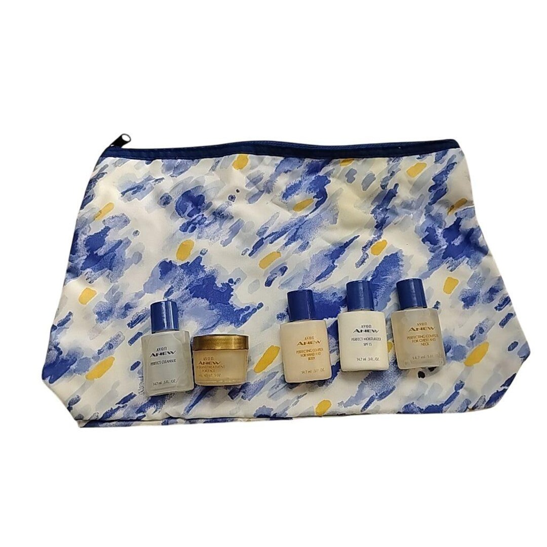 Avon Anew Travel Size Skincare Set With Blue & Yellow Abstract Zipper ...
