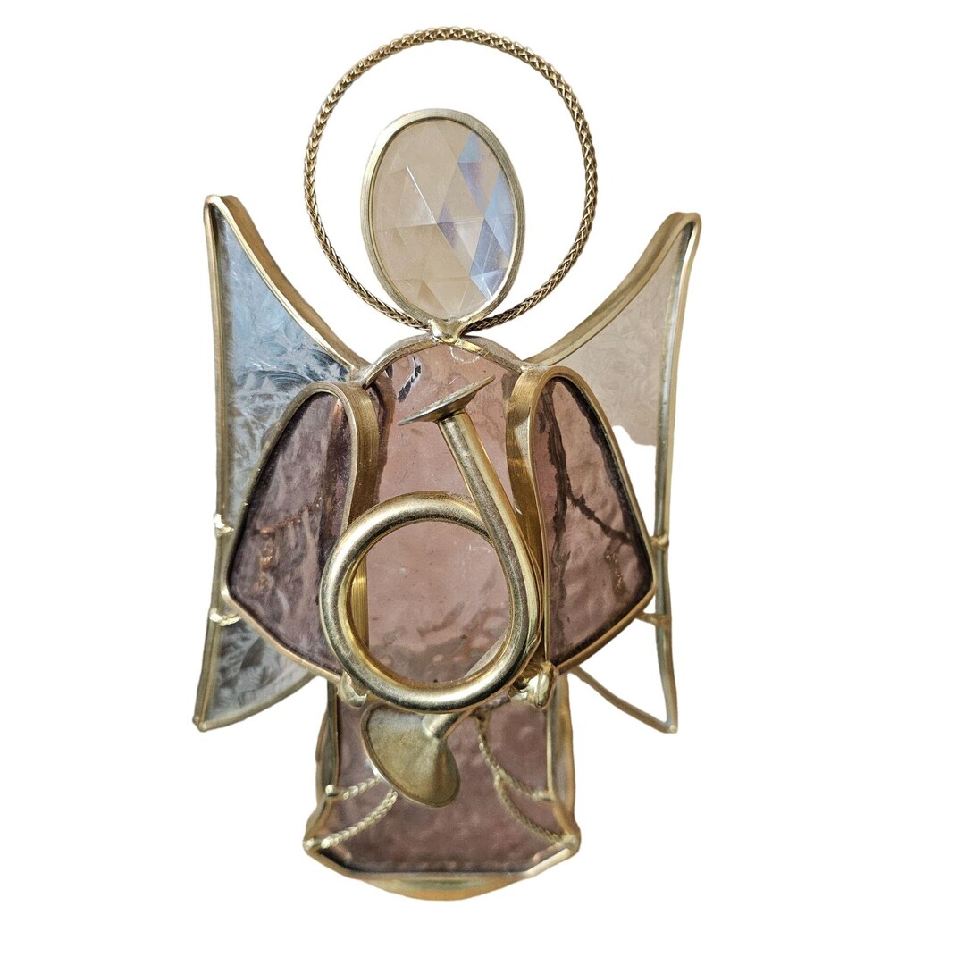 Stained Glass Angel Figurine With Trumpet Gold Trim & Crystal Halo - Etsy