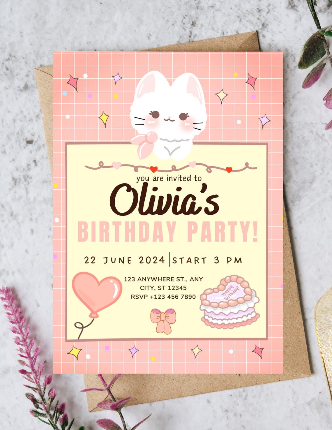 Kawaii Kitten Birthday Party Invites Digital Download Cupcake Topper ...