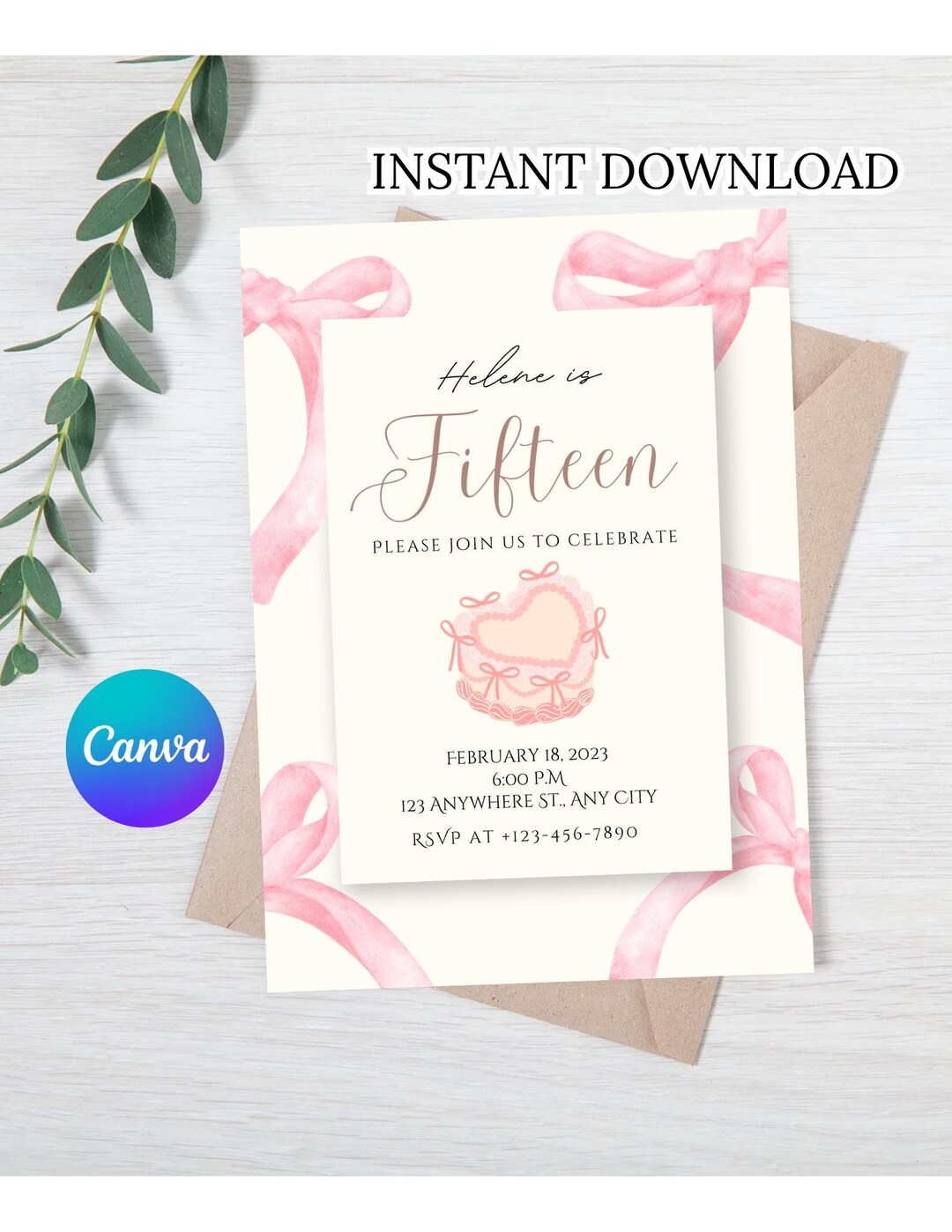 Coquette Pink Bow 15th Birthday Invitation Girl Instant Download 15th ...