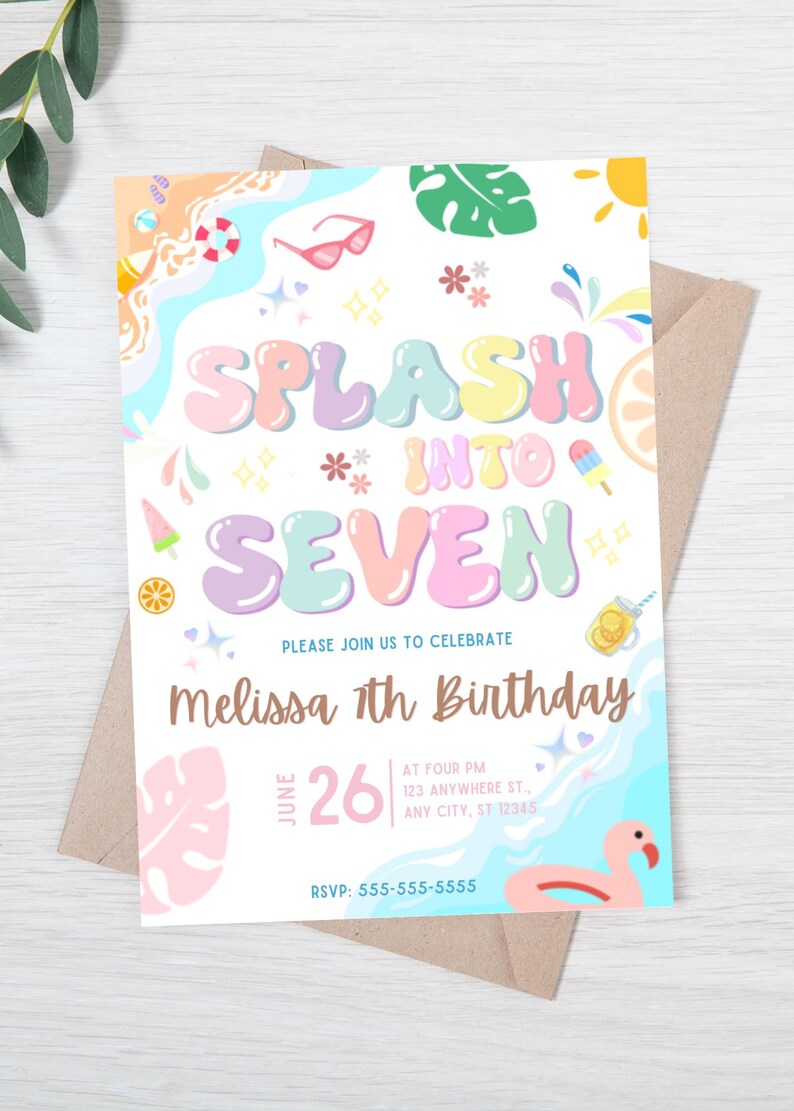 Editable Splash Into SEVEN 7th Birthday Pool Party Invitation Girly ...