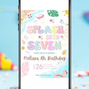 Editable Splash Into SEVEN 7th Birthday Pool Party Invitation Girly ...