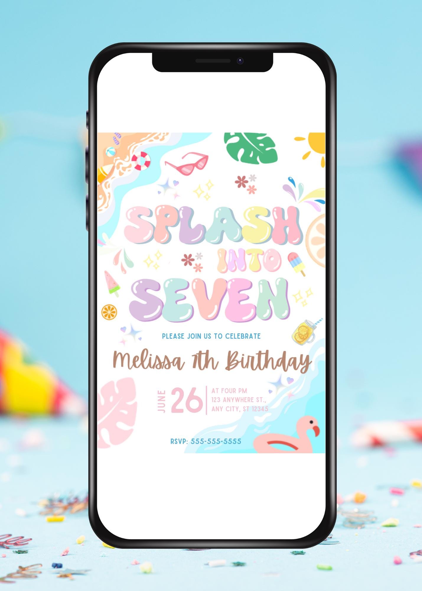 Editable Splash Into SEVEN 7th Birthday Pool Party Invitation Girly ...