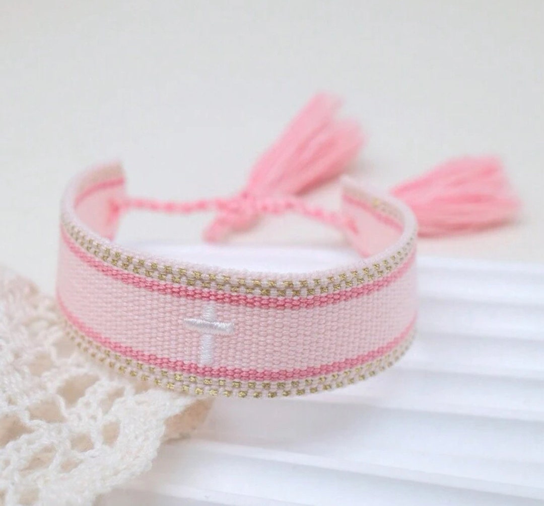 Pink Cross Bracelet | Woven Adjustable Embroidered Tassel Bracelet ...