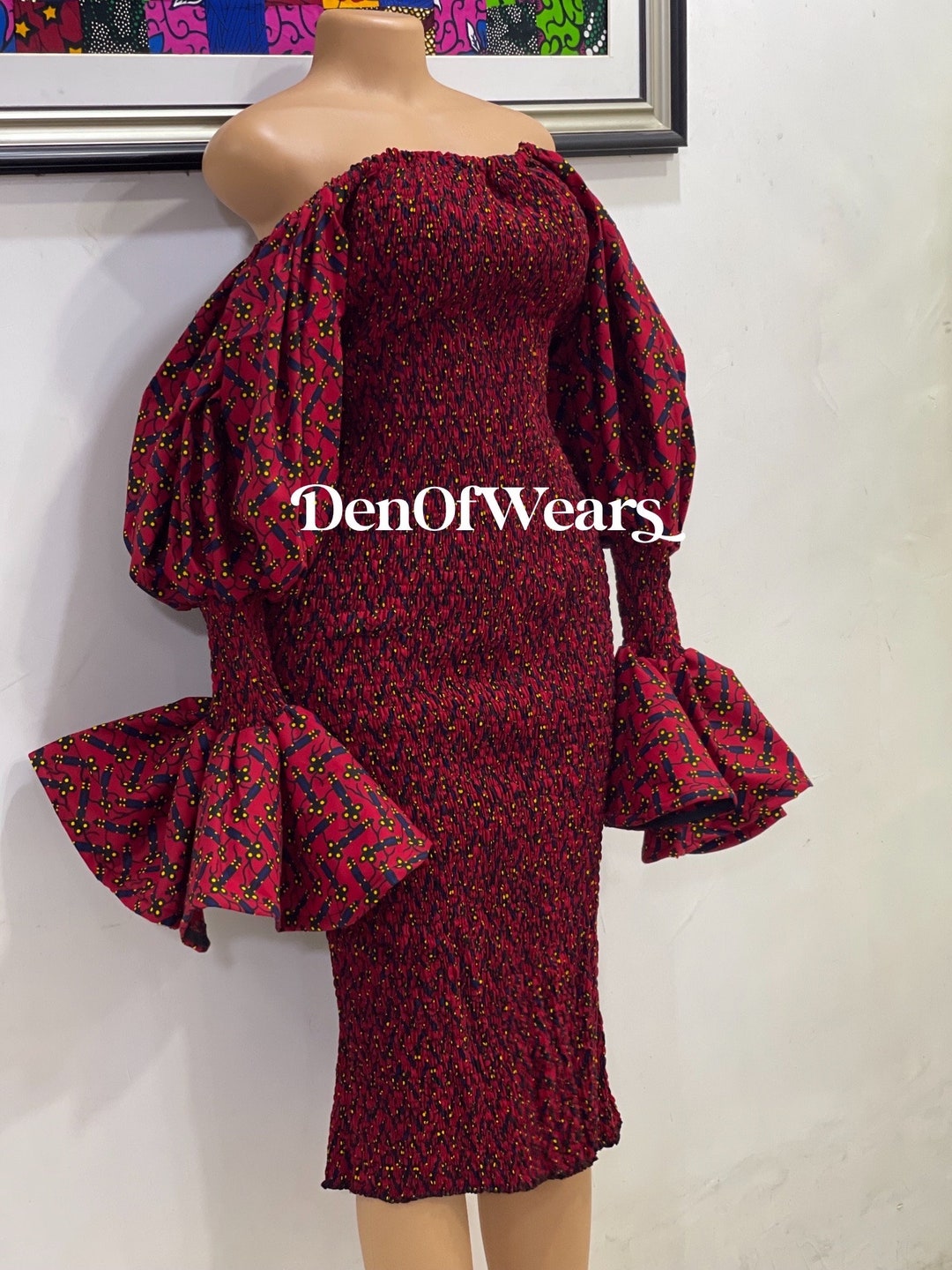 Red African Print Smocked Ankara Gown. Elastic Gown .bodycon Dress ...