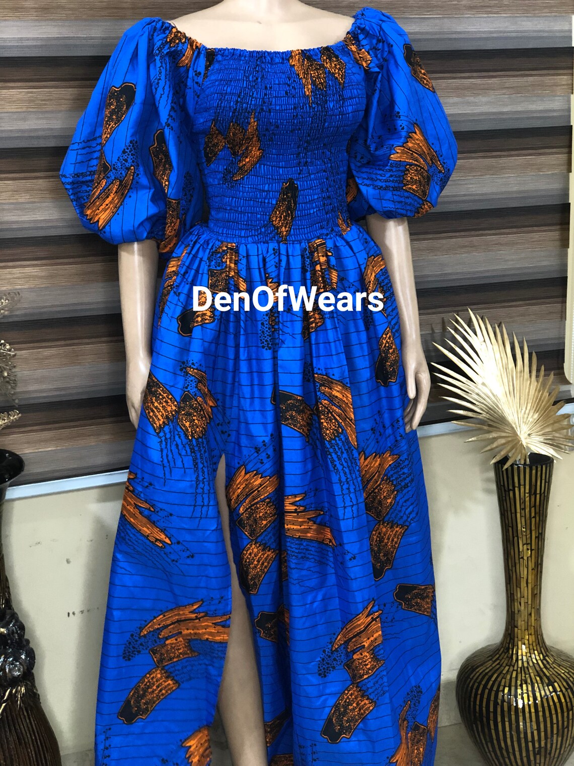 Blue Long Smocked Ankara Dress. Ankara Elastic Dress. Blue African ...