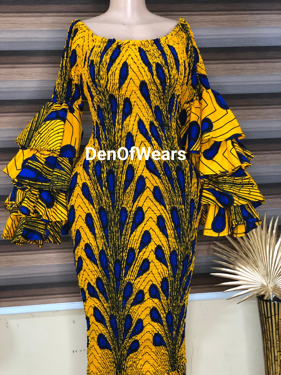 Yellow and Blue Long Smocked Ankara Dress. Ankara Elastic Dress. Yellow ...