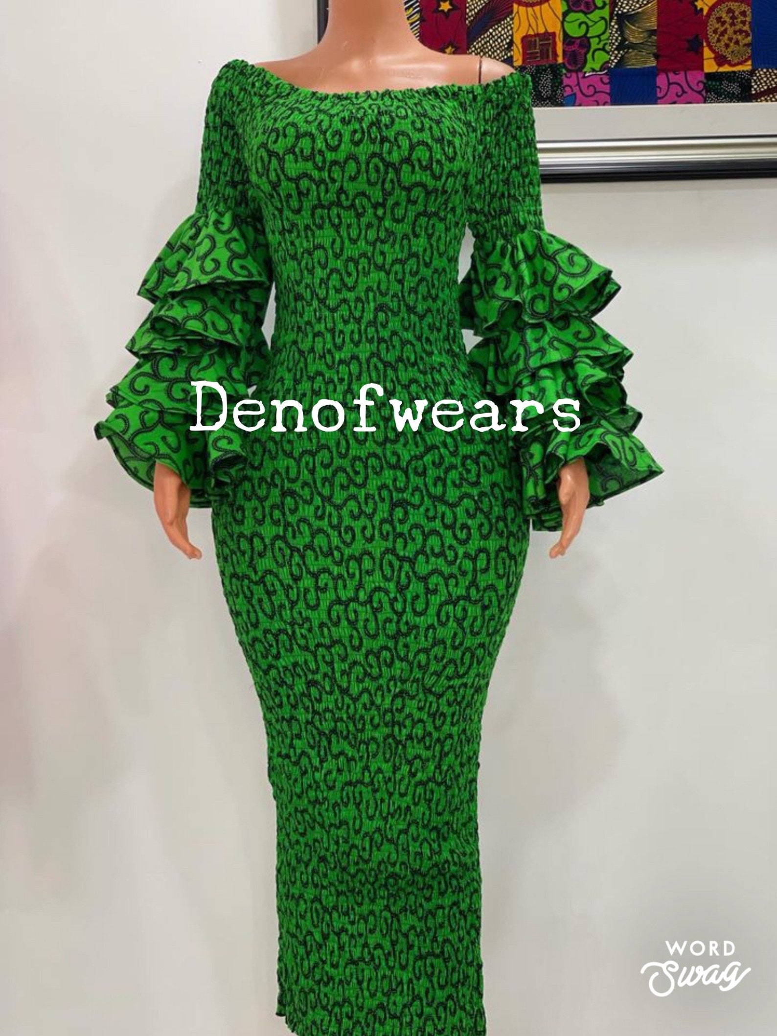 Long Green African Print Smocked Ankara Gown. Elastic Gown . African ...