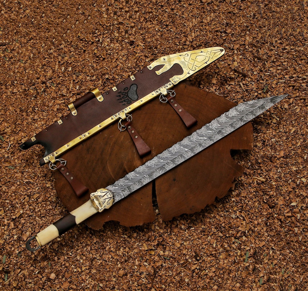 Viking Damascus Seax: Norse Warrior Sword With Brass Bear Head ...