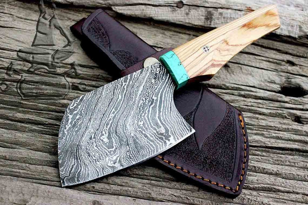Handmade Damascus Mini Cleaver: Oak Wood Handle, Leather Sheath - Etsy