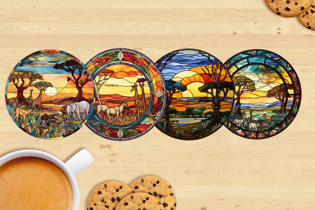 Serengeti Plains Kenya Ceramic Coaster, Stained Glass Style Sublimation ...