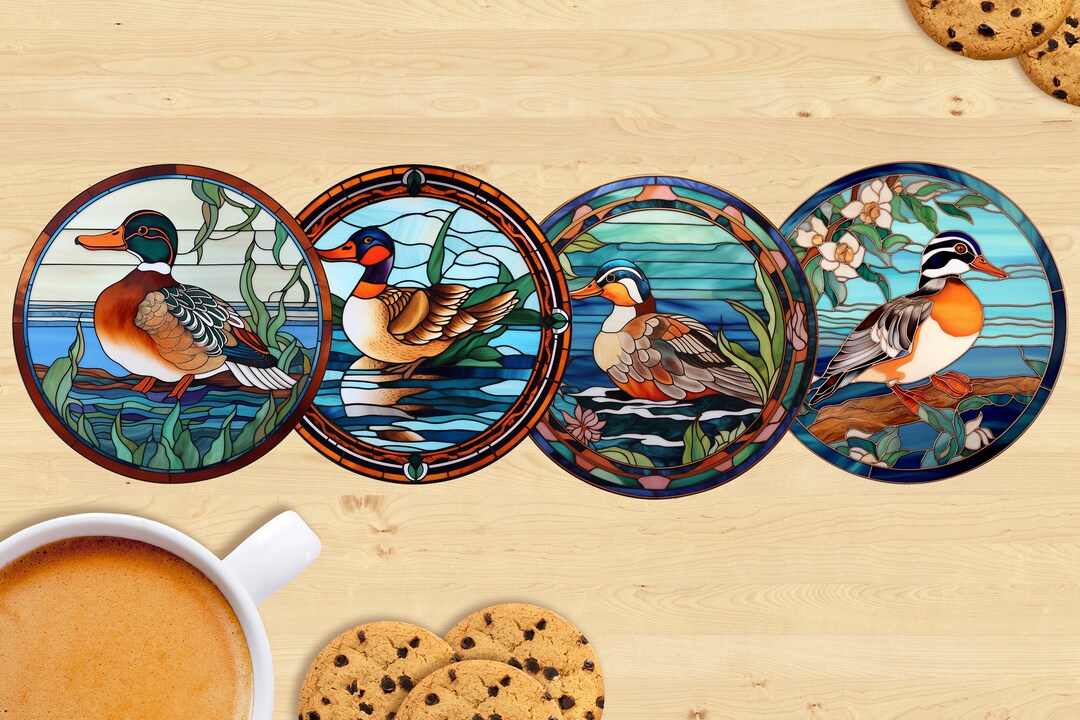 Mandarin Duck Ceramic Coaster, Stained Glass Style Sublimation Printed ...