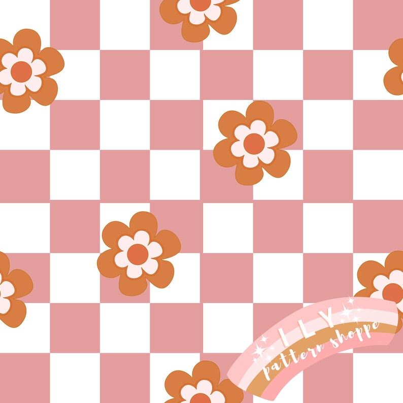Daisy Checkered Pink Retro Seamless File Fabric Seamless | Etsy