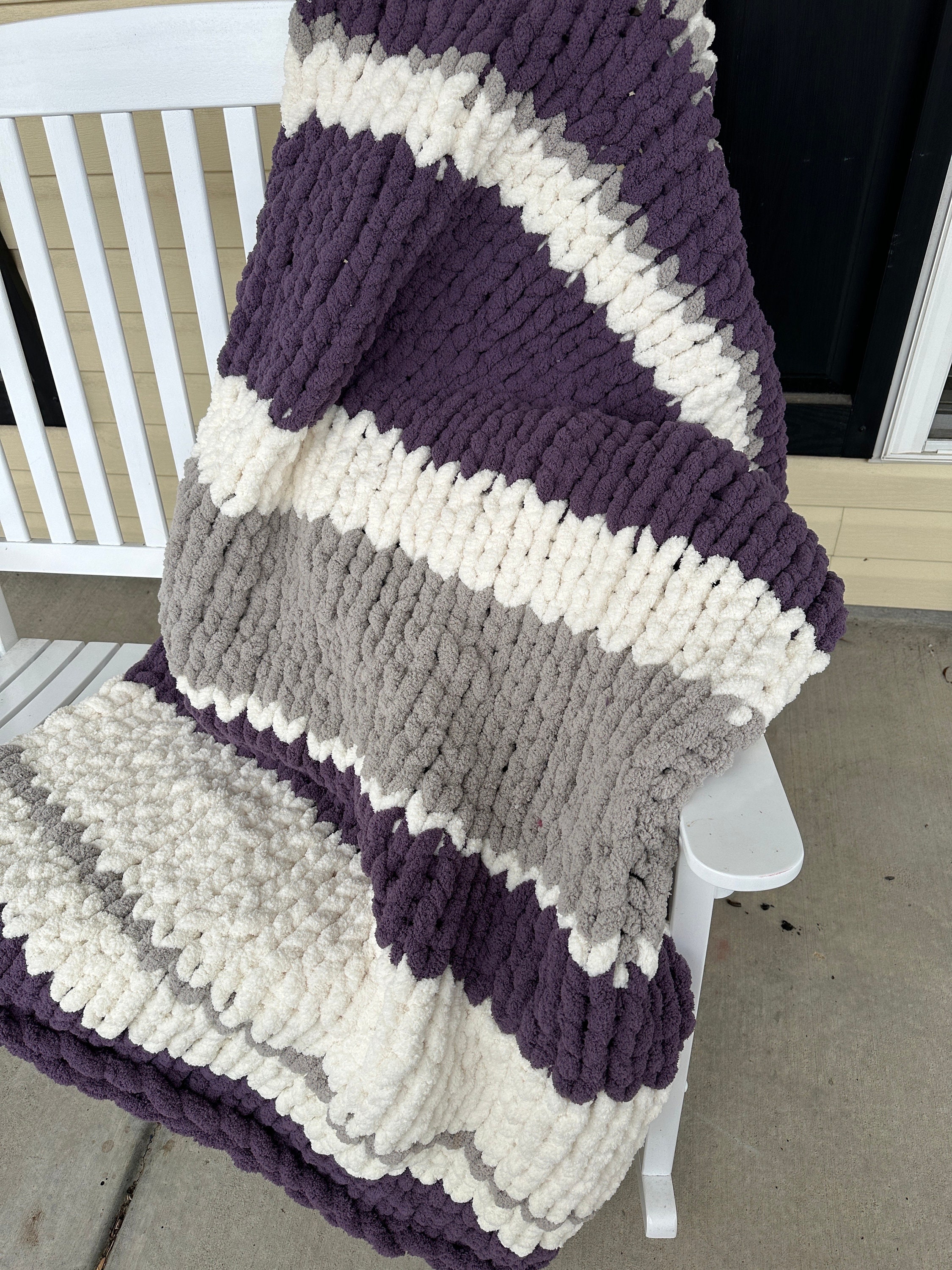 Purple Stripe Chunky Knit Blanket, Hand Knit Blanket, Knit Throw, Arm ...