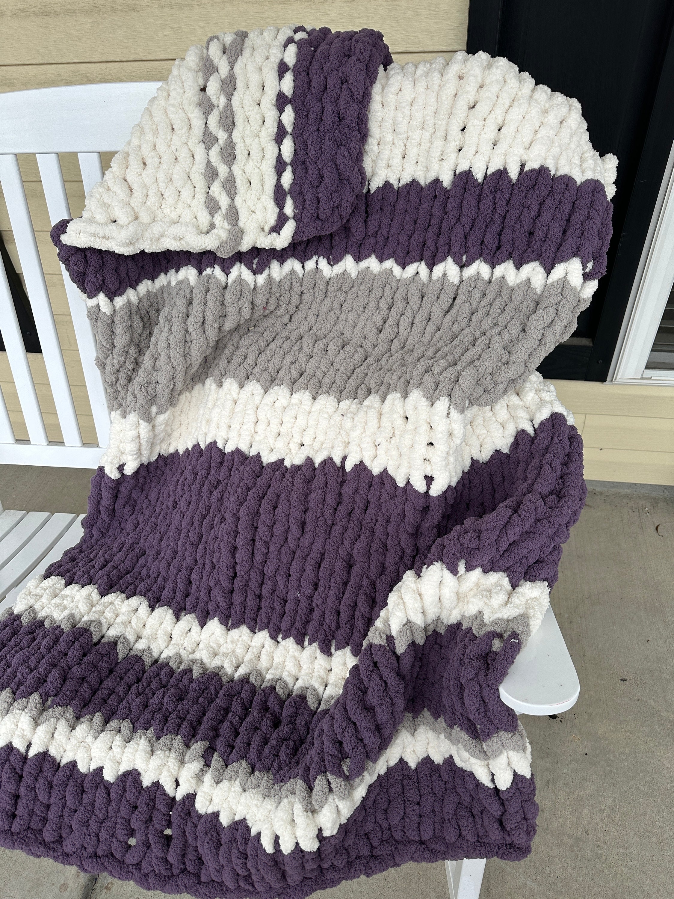 Purple Stripe Chunky Knit Blanket, Hand Knit Blanket, Knit Throw, Arm ...