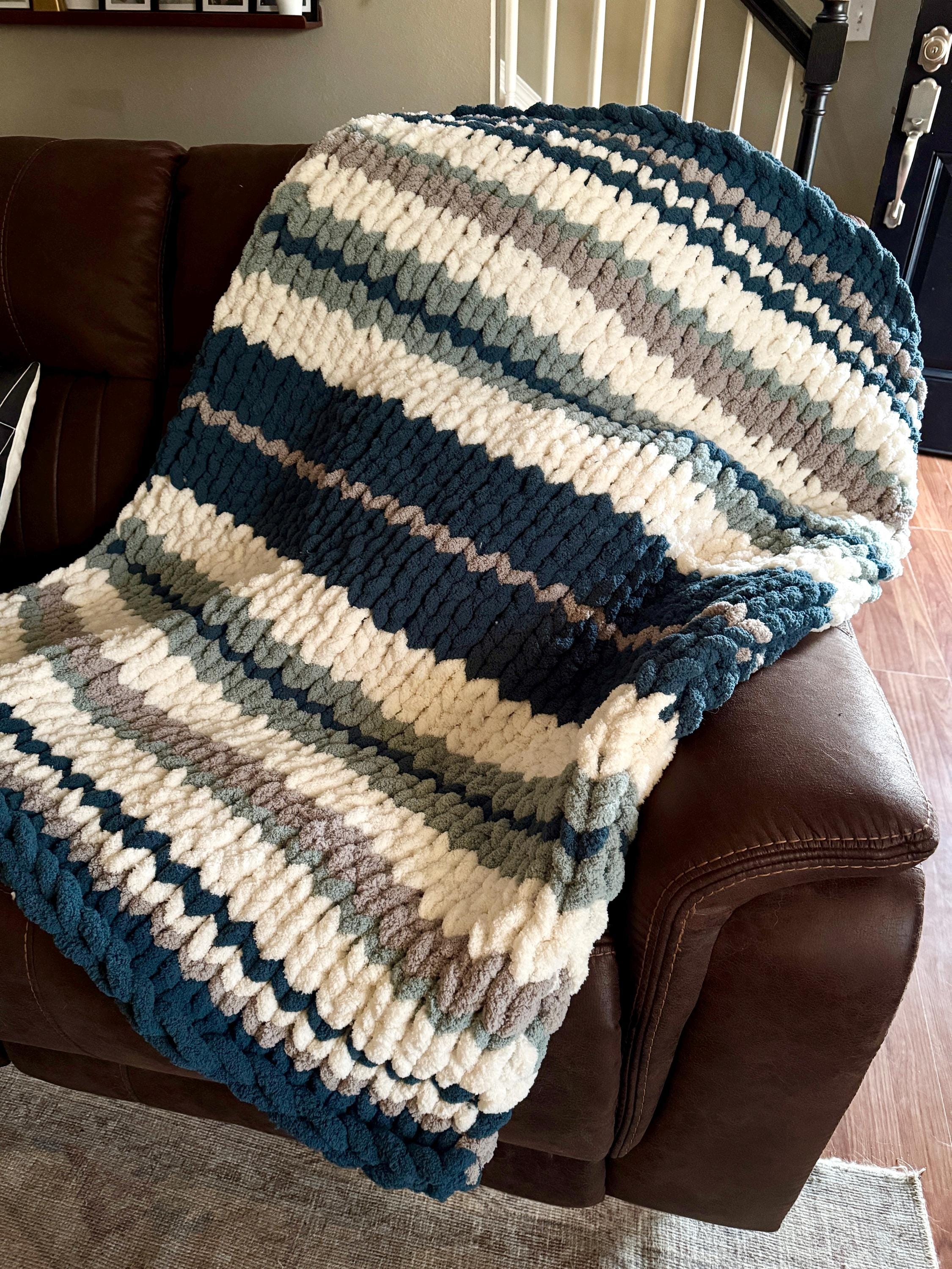 Beautiful Teal, Mint and Grey Striped Chunky Knit Blanket, Hand Knit ...
