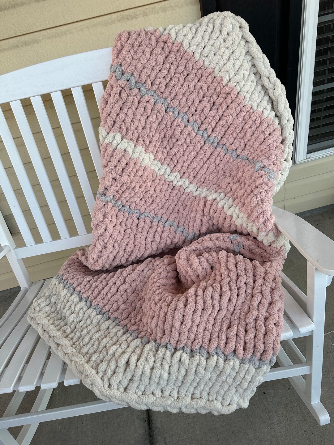 Light Pink Chunky Hand Knit Blanket, Hand Knit Blanket, Knit Throw, Arm ...