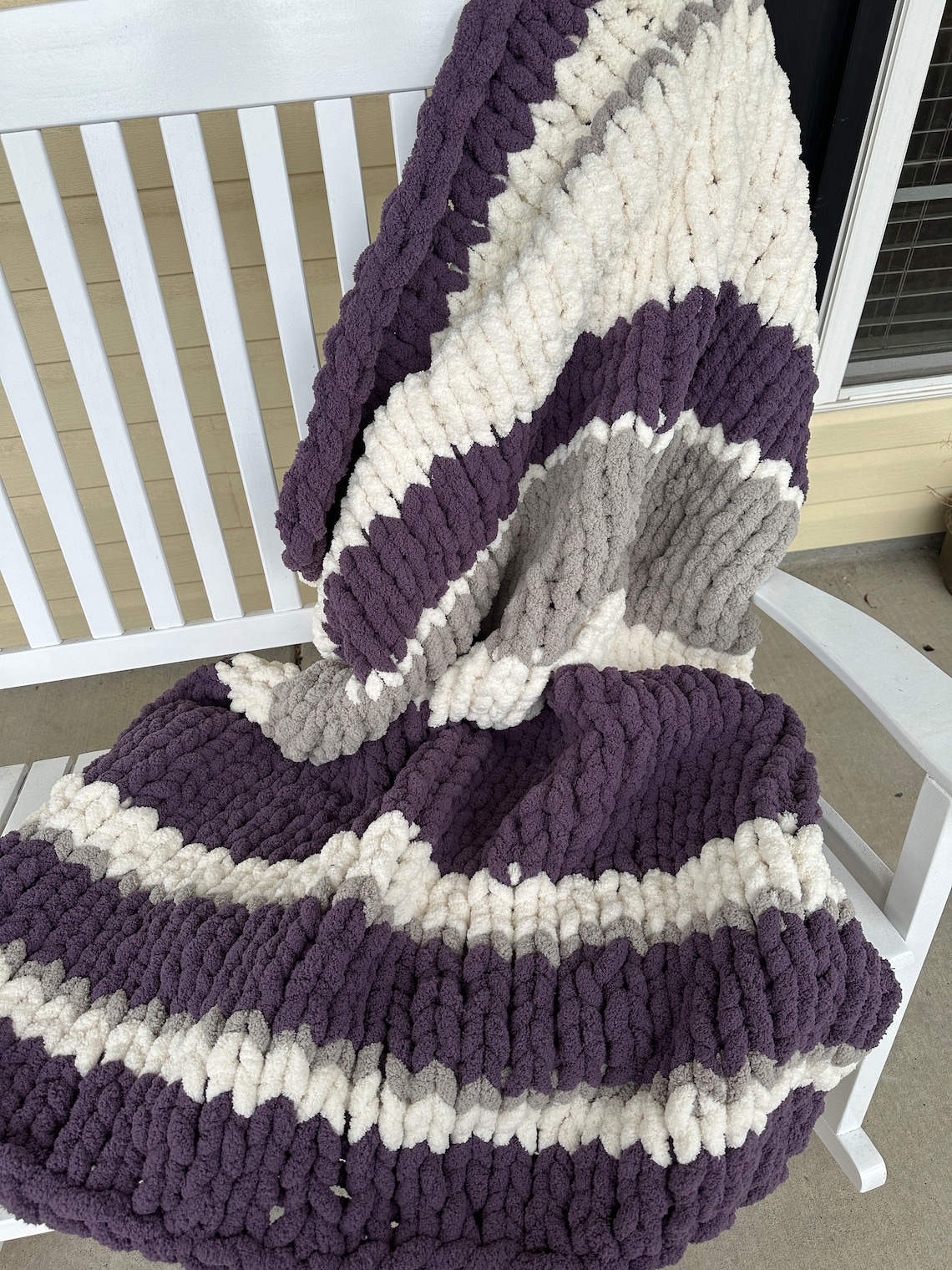 Purple Stripe Chunky Knit Blanket, Hand Knit Blanket, Knit Throw, Arm ...