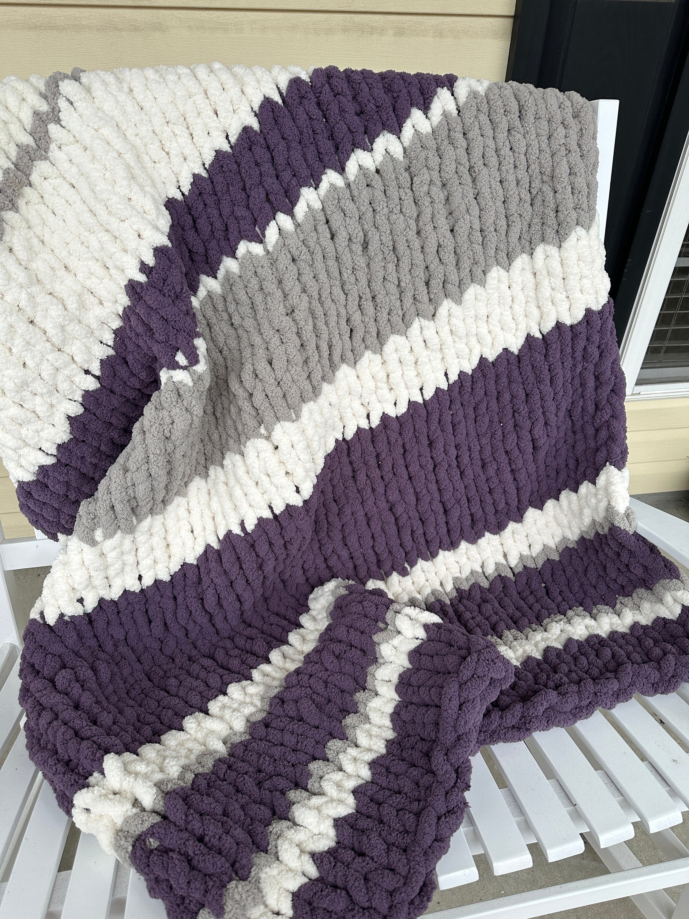 Purple Stripe Chunky Knit Blanket, Hand Knit Blanket, Knit Throw, Arm ...