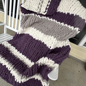 Purple Stripe Chunky Knit Blanket, Hand Knit Blanket, Knit Throw, Arm ...