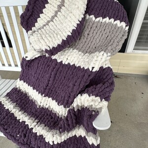 Purple Stripe Chunky Knit Blanket, Hand Knit Blanket, Knit Throw, Arm ...