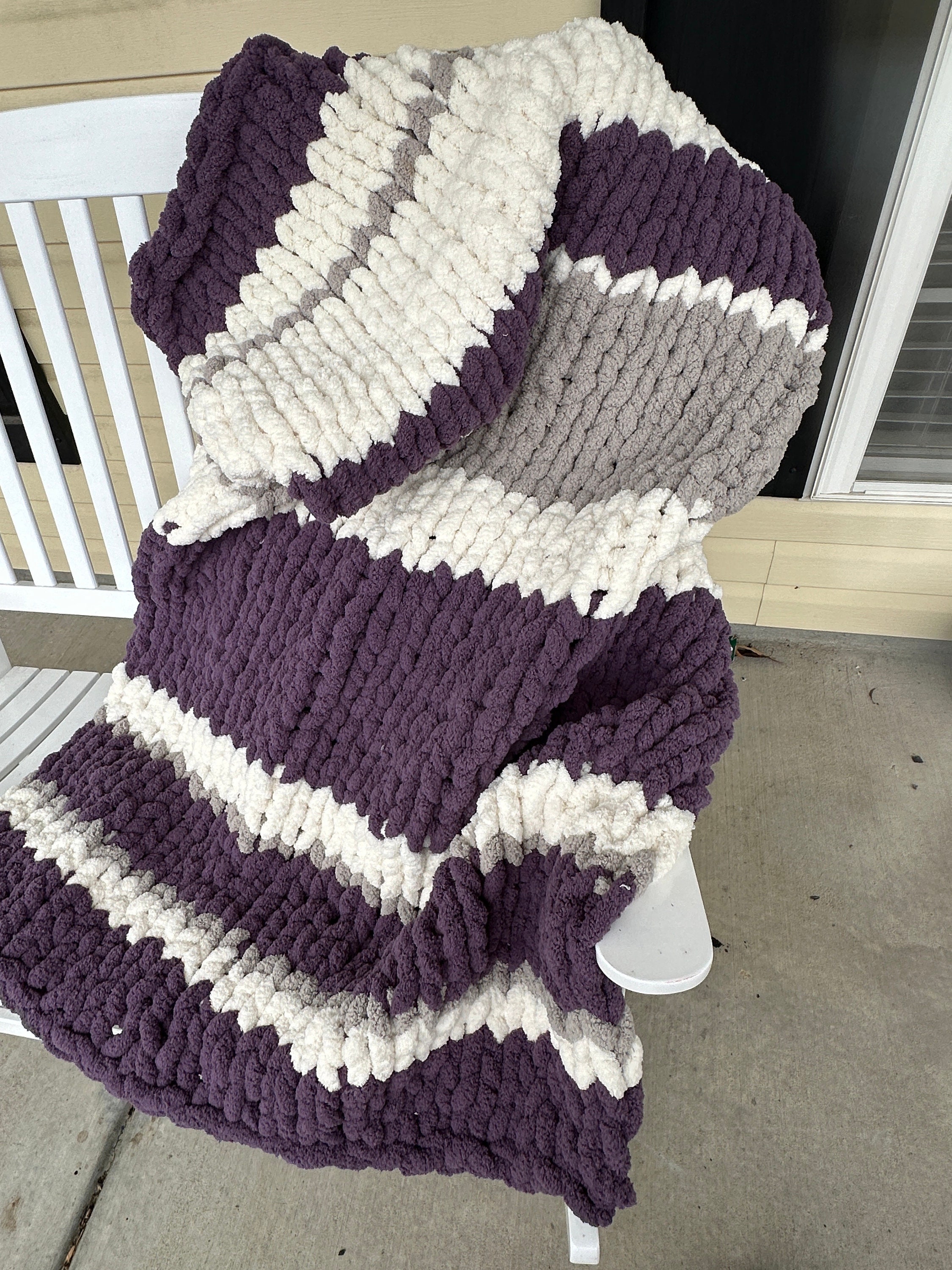 Purple Stripe Chunky Knit Blanket, Hand Knit Blanket, Knit Throw, Arm ...