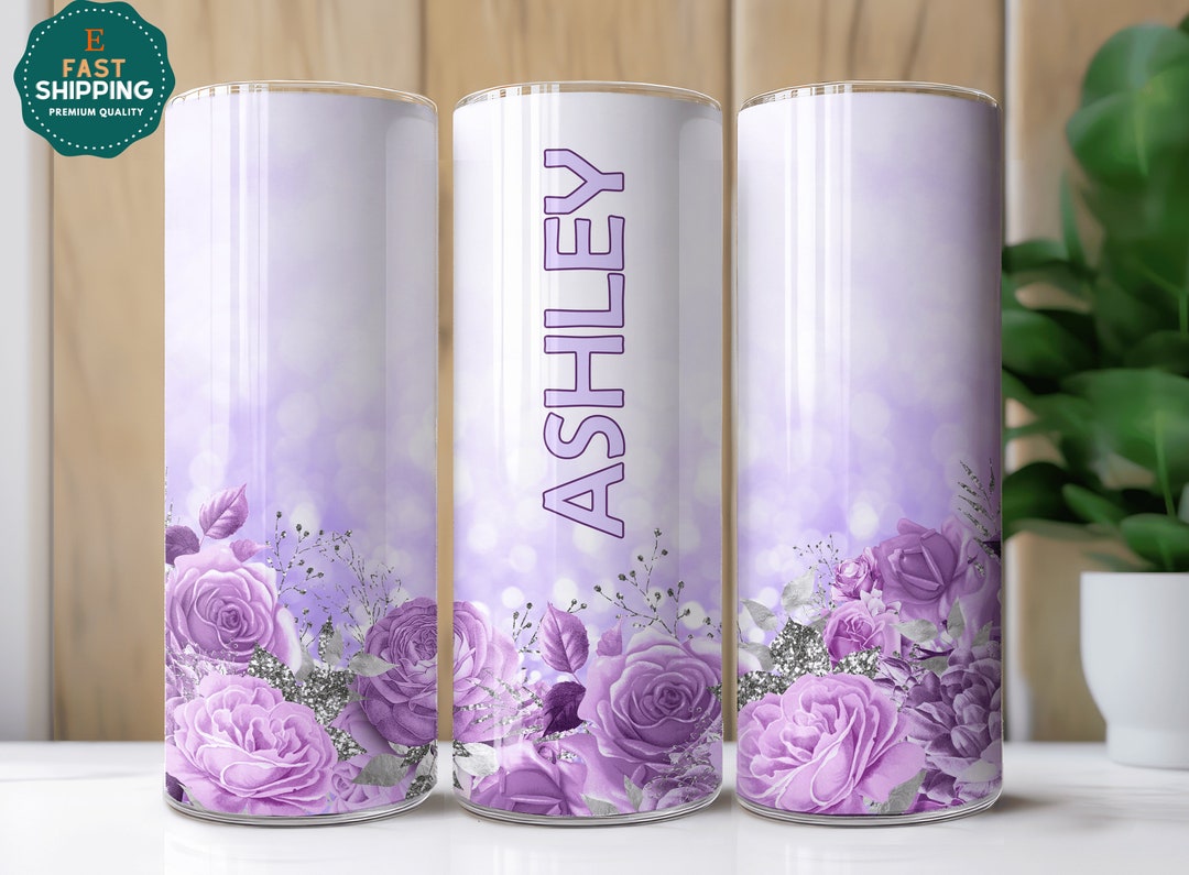 Custom Name Purple Floral Tumbler, Personalized Name Cup, Name Cup With ...