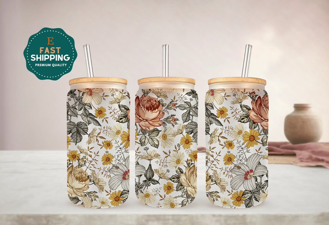 Retro Floral Roses Glass Cup for Women, Floral Glass Iced Coffee Cup ...
