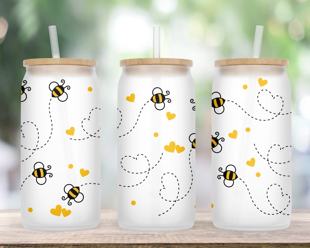 Bee Glass Tumbler With Hearts, Cute Bee Lover Cup, Bumblebee Coffee Cup ...