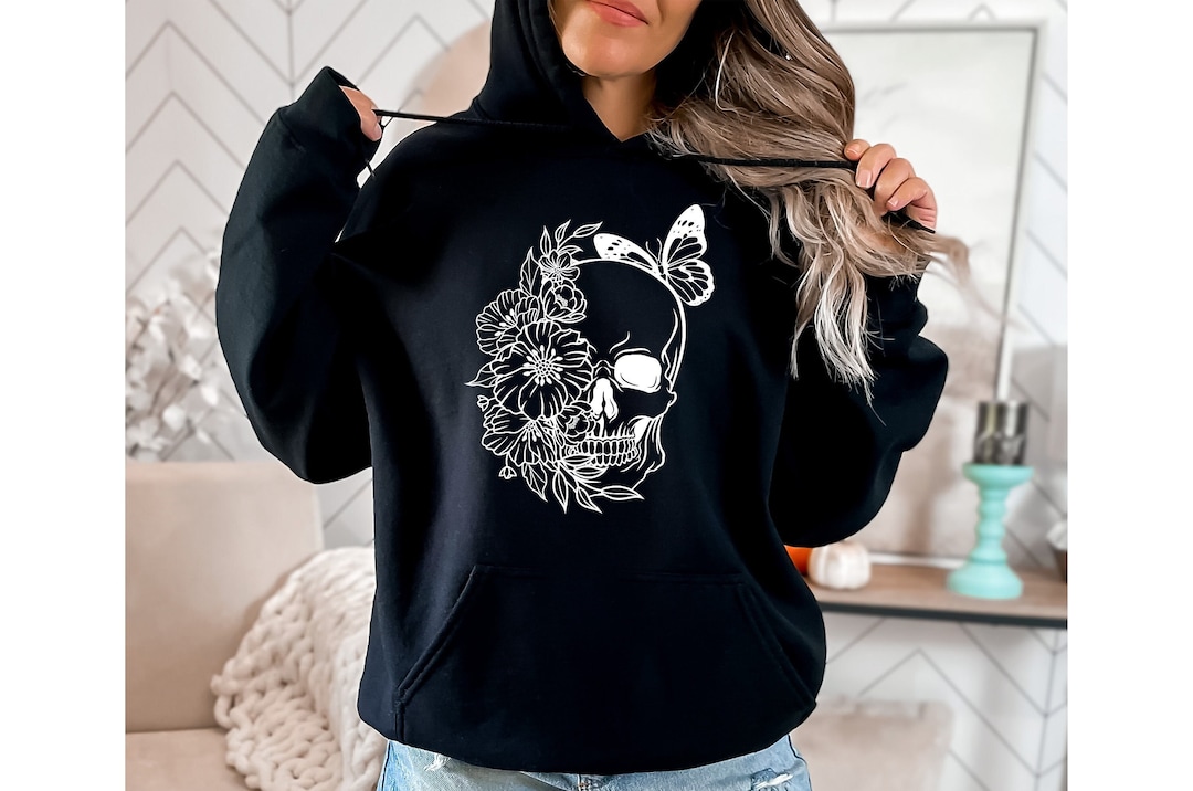 Floral Skull Hoodie, Halloween Skull Sweatshirt, Womens Fall Sweater ...