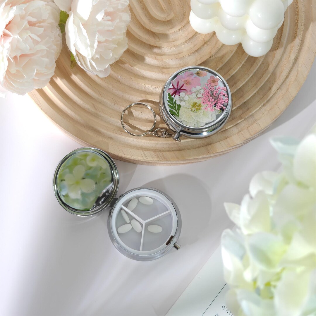 Real Pink White Flower Round Pill Box With Mini Makeup Mirror, Travel ...