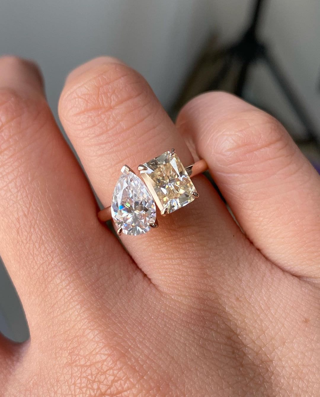 Double Stone Engagement Ring, Pear & Radiant Cut Moissanite Ring, 14K ...