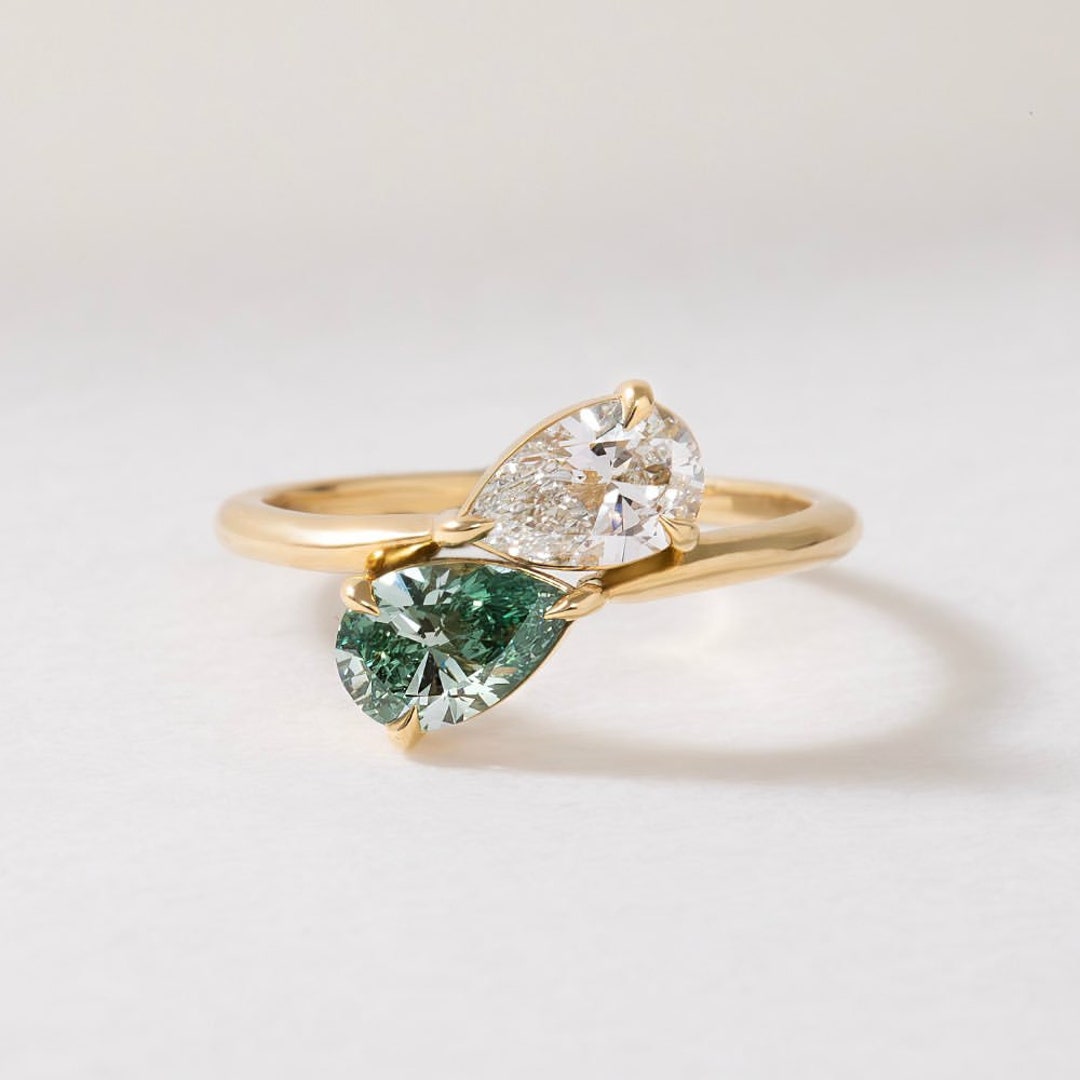 Double Stone Engagement Ring Pear Cut Green and Colorless Moissanite ...