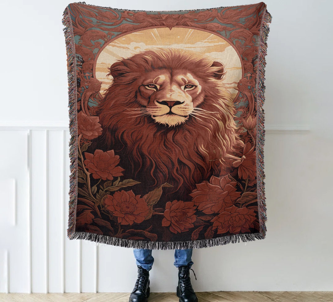 Vintage Lion With Flowers Woven Throw Blanket: Retro Cottagecore Decor ...