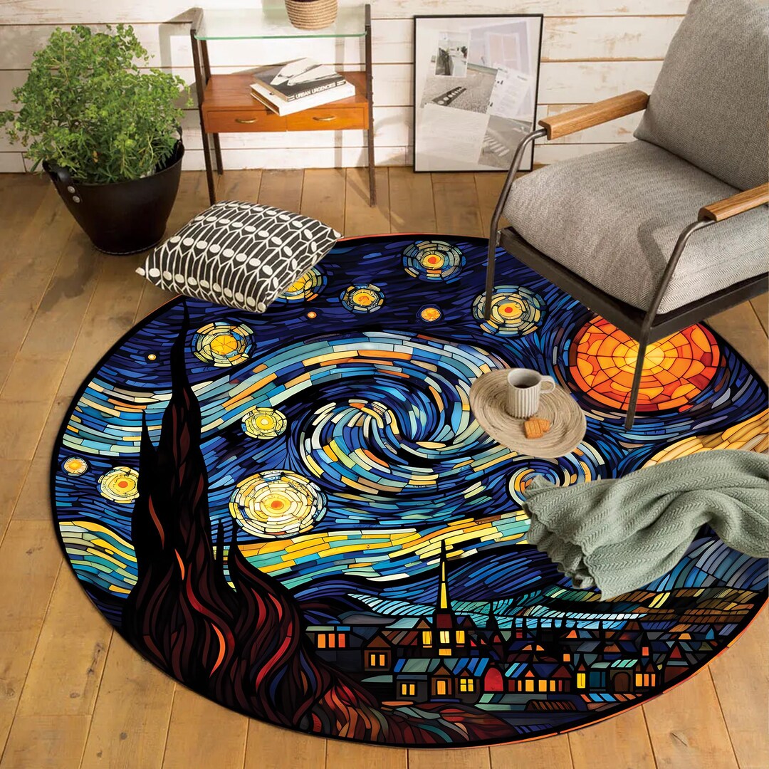 Vintage Spooky Season in the Starry Night Halloween Round Rug, Retro ...