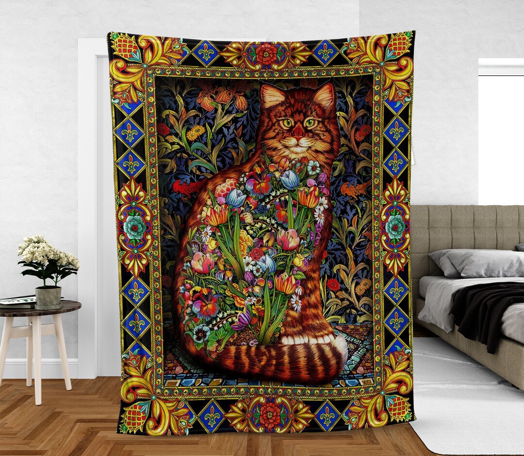 Vintage Floral Cat Woven Throw Blanket, Hippie Cat Woven Wall Decor ...
