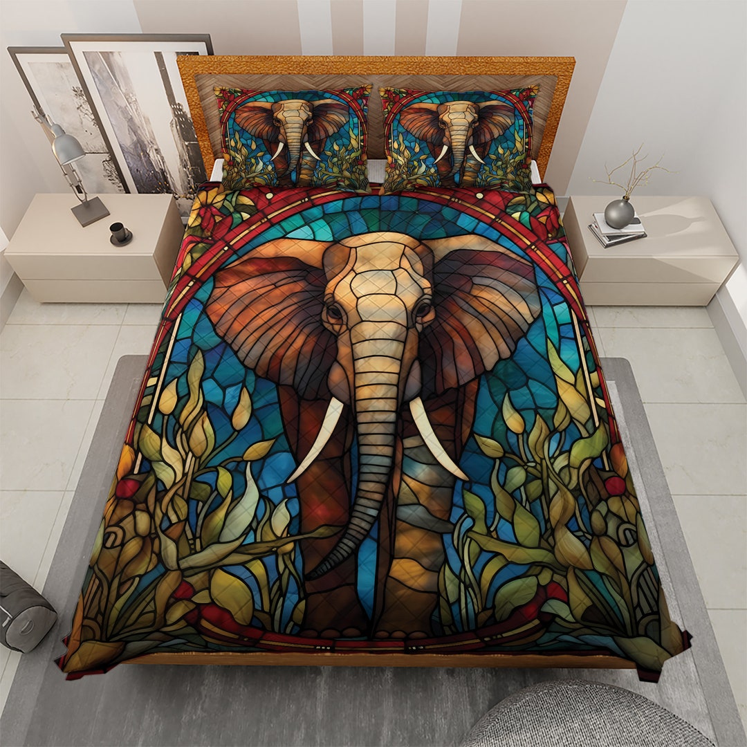 Vintage Elephants Quilt Bedding Set, Retro Wildlife Elephant Quilt ...