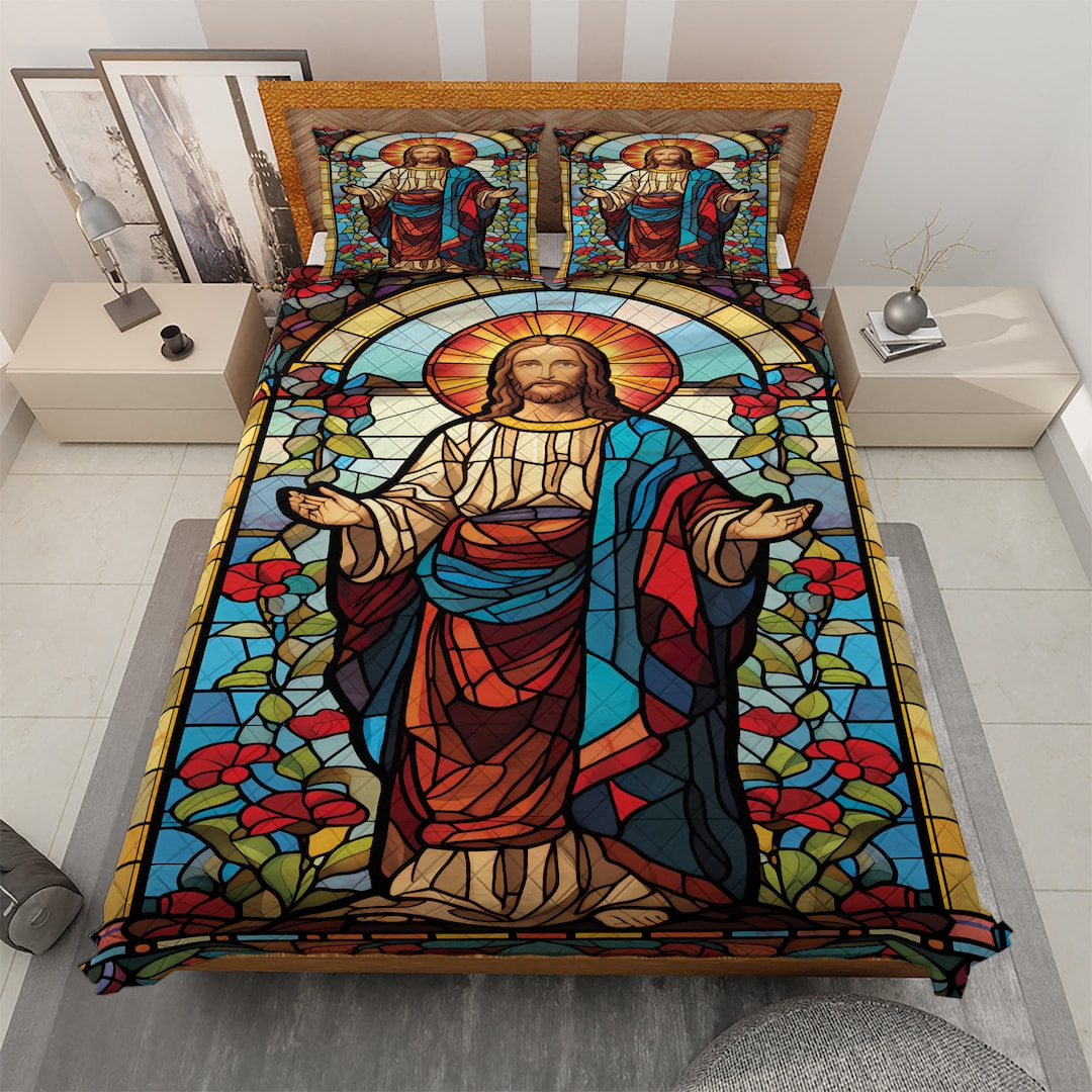 Colorful Jesus Christ Quilt Bedding Set, Vintage Christmas Christian ...