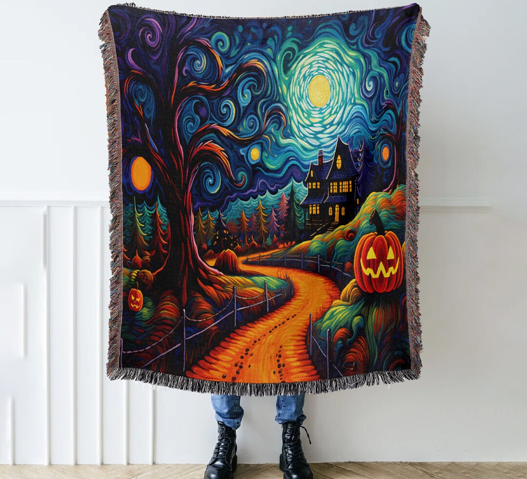 Haunted House in Starry Night Halloween Woven Throw Blanket: Spooky ...