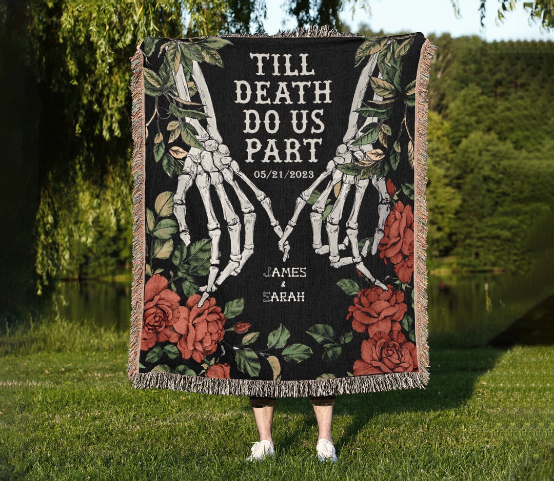 Custom Wedding Woven Throw Blanket: Halloween Couple Skeletons Tapestry ...