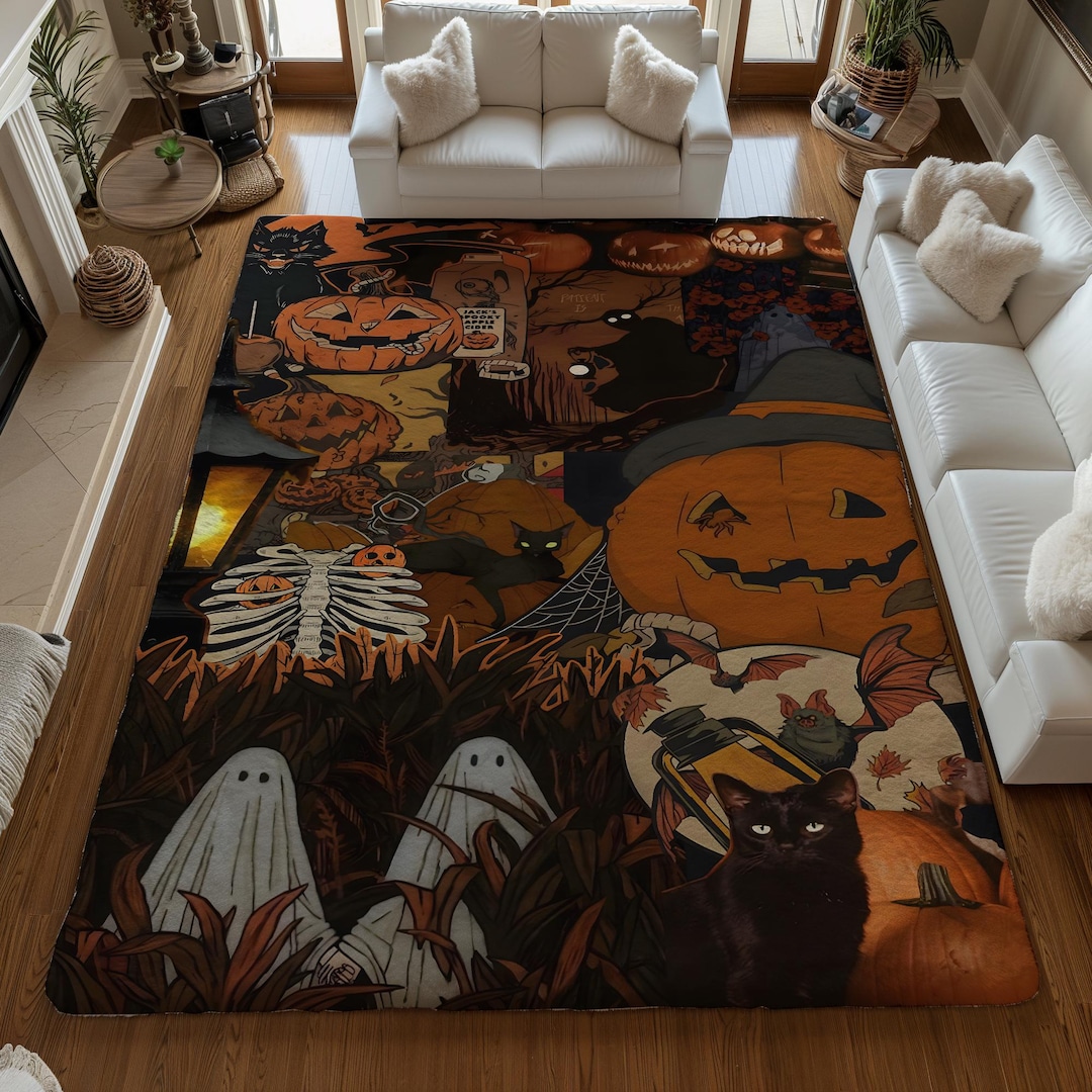 Retro Spooky Season Pumpkin Halloween Rectangle Rug, Jack-o'-lantern ...