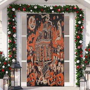 Halloween Town With Ghost Pumpkin Door Cover, Jack-o'lantern Door Decor ...