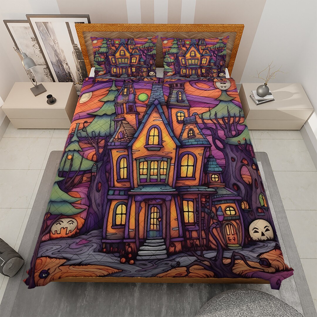 Vintage Retro Haunted House Halloween Quilt Bedding Set, Retro Trick or ...
