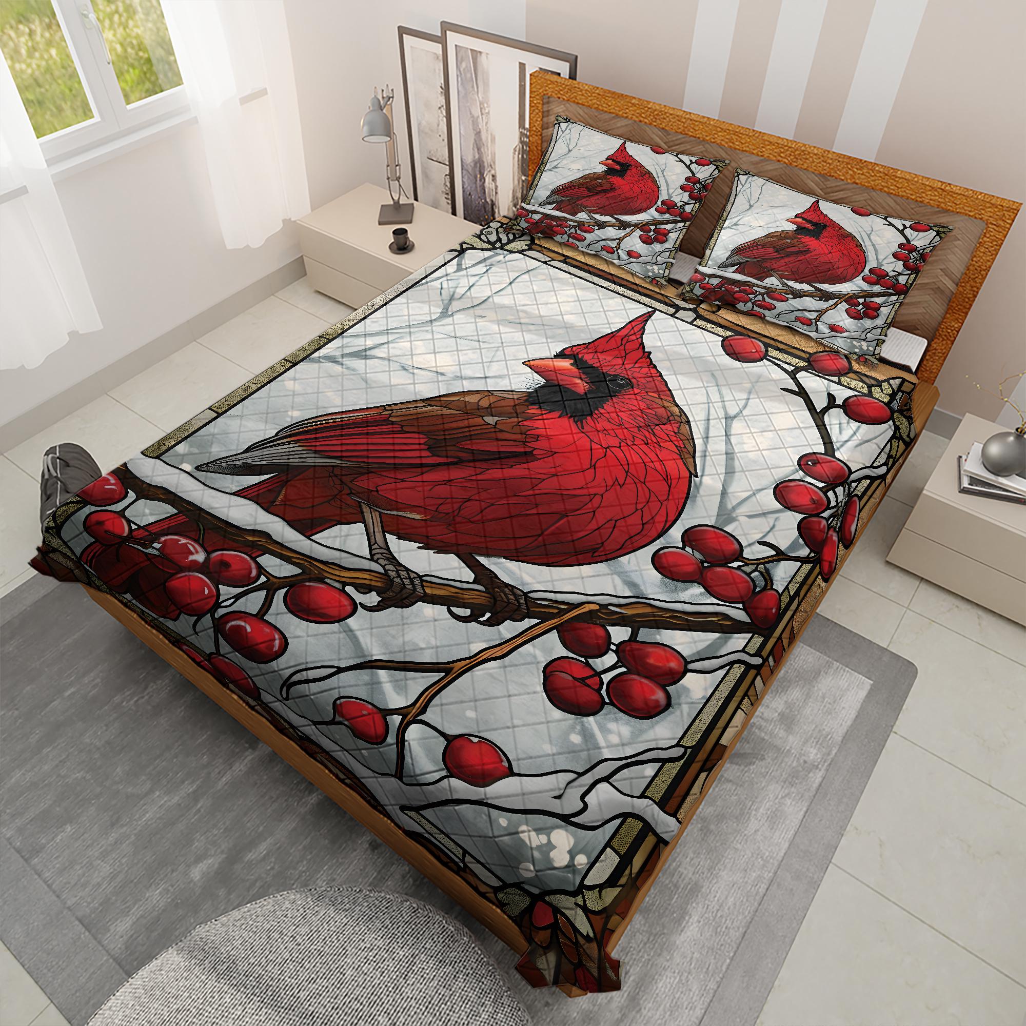 Vintage Cardinal Bird Christmas Quilt Bedding Set: Cottagecore ...