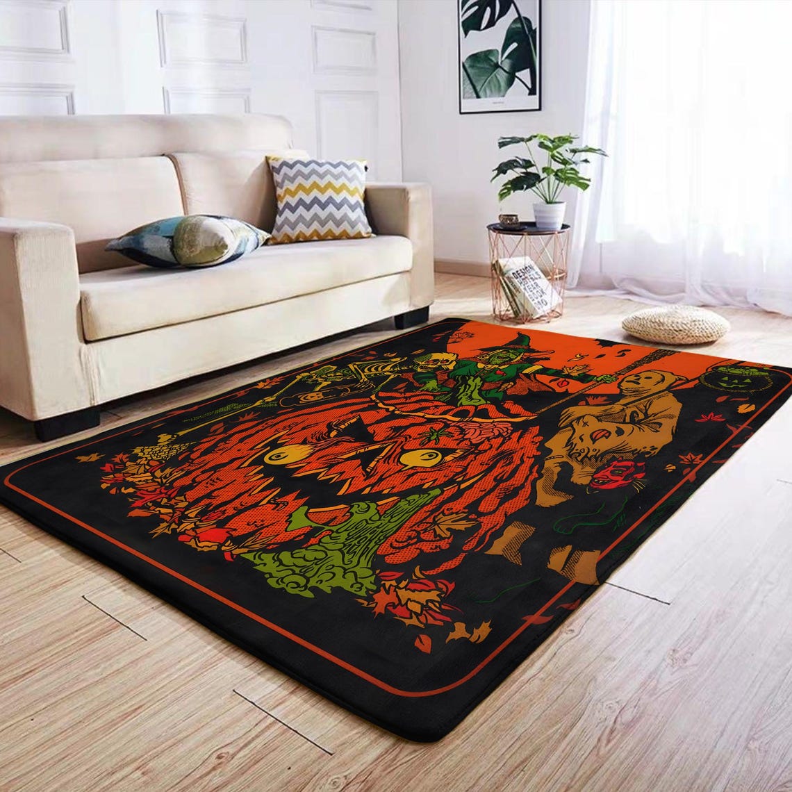 Retro Scary Witch With Skull Pumpkin Rectangle Rug, Jack-o'-lantern ...