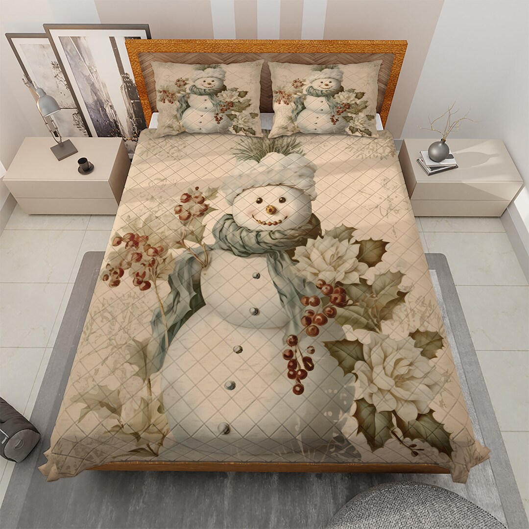 Vintage Snowman Christmas Quilt Bedding Set: Floral Cottagecore Decor ...